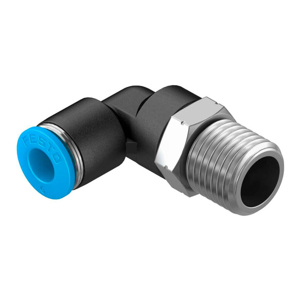 Racor rápido roscado en L – Rosca 1/4 a manguera 6mm – Tampografía MX