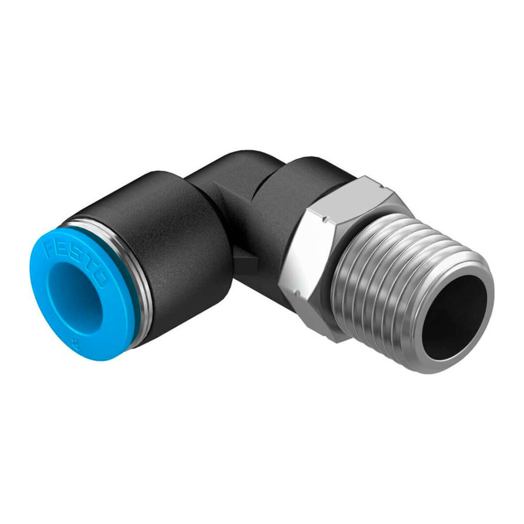 Racor rápido roscado en L – Rosca 1/4 a manguera 8mm – Tampografía MX